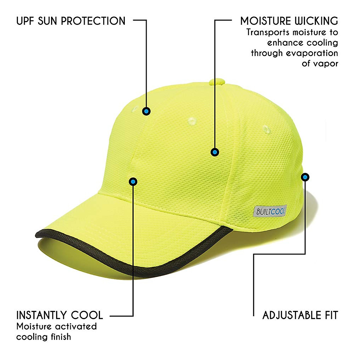 BUILTCOOL Adult Cooling Baseball Hat – Men & Women Moisture Wicking, Mesh Back, Lightweight, Performance Ball Cap for Fishing, Hiking, Kayaking, Golf, One Size, Safety Yellow