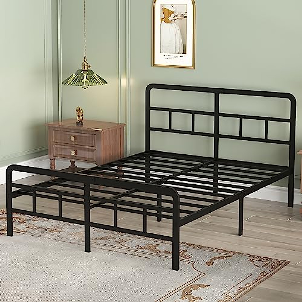 Richwanone Full Size Bed Frame with Headboard and Footboard, 14 inch Metal Platform with Steel Slat Support, No Box Spring Needed, Easy Assembly, Black