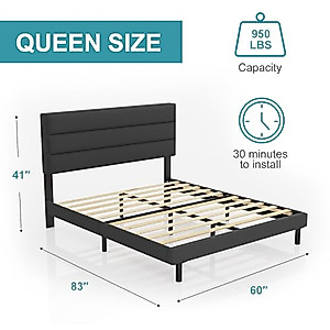 IYEE NATURE Queen Bed Upholstered Platform with Headboard and Strong Wooden Slats, Strong Weight Capacity, Non-Slip No Box Spring Needed, Easy Assembly,Dark Gray
