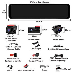 PORMIDO Triple Mirror Dash Cam 12" with Detached Front and in-Car Camera,Waterproof Backup Rear View Dashcam Anti Glare 1296P IPS Touch Screen with Sony Sensor,Starvis Night Vision,GPS,Parking Assist