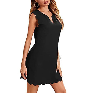 LYANER Women's Notched Neck Scallop Trim Sleeveless A-Line Short Mini Dress Black Medium