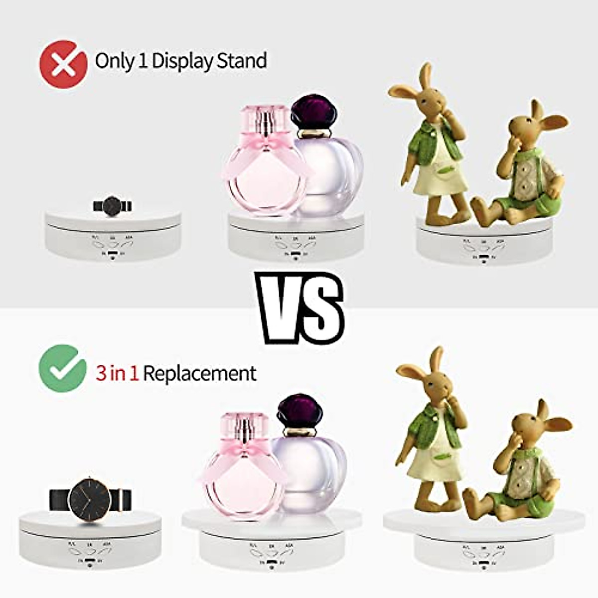 ZLMONDEE 3 in 1 Motorized Turntable Lazy Suan Rotating Display Stand with 5.74/7.08/8.66 inch Replacement Cover,360 Degree for Cake Photography Products and Video Show Load 22lbs (White)