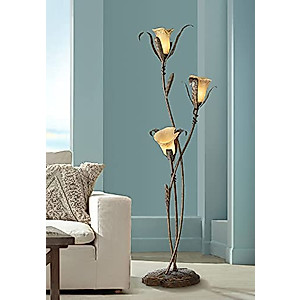 Franklin Iron Works Rustic Farmhouse Sculptural Floor Lamp Standing 68 1/4" Tall Bronze Gold 3-Light Amber Glass Intertwined Lily Flower Shade for Living Room Reading Bedroom Office House Home