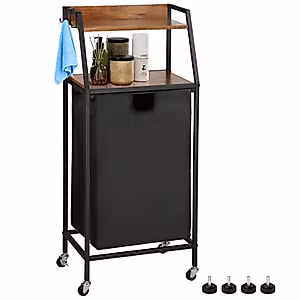 Timberer Laundry Hamper, Laundry Sorter, Rolling Laundry Basket with Wheels, 2 Shelves, 16.9 Gal(64L), Pull-Out and Removable Laundry Bags, for Laundry Room, Black and Rustic Brown