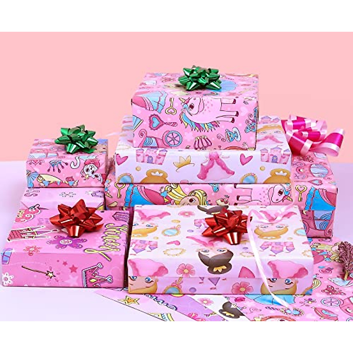 U'COVER Princess Birthday Wrapping Paper for Girls Kids Baby Shower Women Pink Gift Wrapping Paper Castle Theme for Holiday Wedding Graduation Gift Wrap Paper 10Folded Sheet