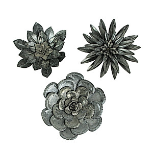 Zeckos Set of 3 Galvanized Metal Flower Wall Hanging Sculptures Home Decor Floral Art 10 Inches High - Nature Accents for Country or Farmhouse - Easy Install