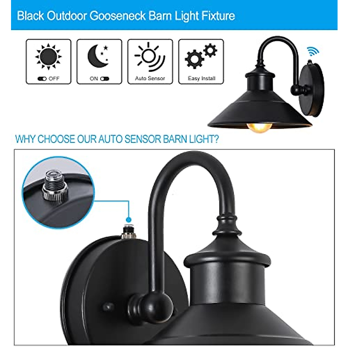 JOESA Dusk to Dawn Classic Outdoor Barn Light Fixture, Outdoor Waterproof and Rust Resistant Gooseneck Barn Lights, E26 Front Porch Lights for House, Garage, Garden