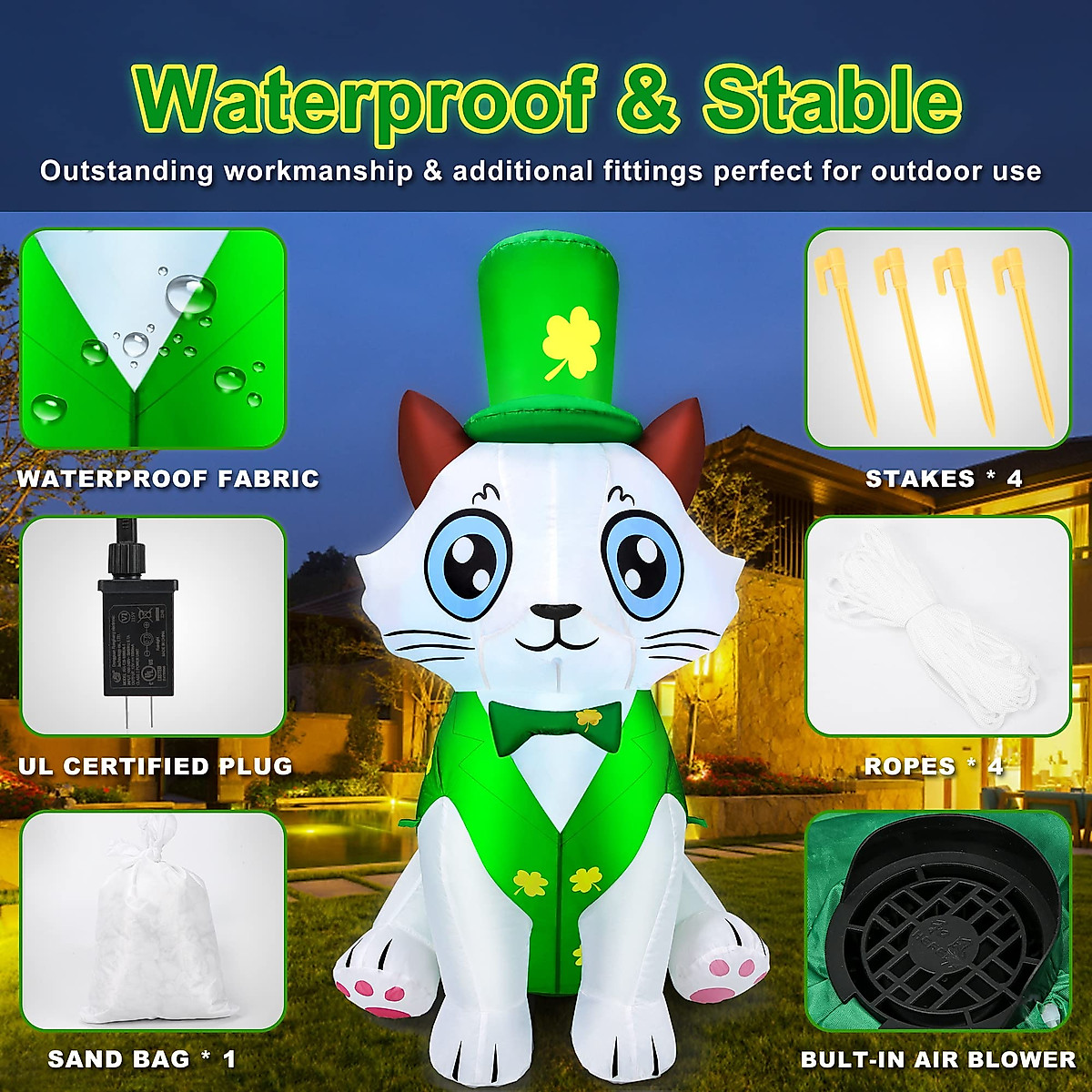 zukakii 5Ft St. Patrick's Day Inflatable Outdoor Decoration Blow Up Cute Cat Wearing Lucky Shamrocks Hat with LED Lights St Patricks Day Decorations Yard Garden Lawn Home Party Indoor