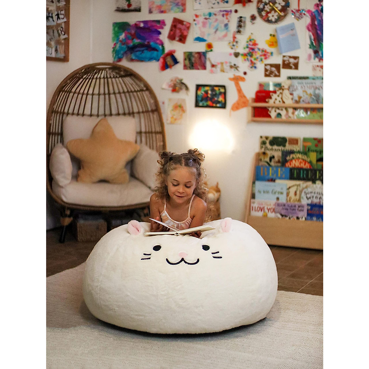 Furry Bean Bag Cover, Faux Fur Bean Bag Chair Cover for Kids, Teens and Adults 32x32x18in (Pinky Cat)