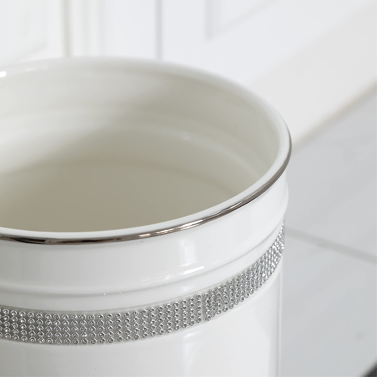 Motifeur Bathroom Wastebasket - Ceramic Decorative Trash Can (Rhinestones, White)