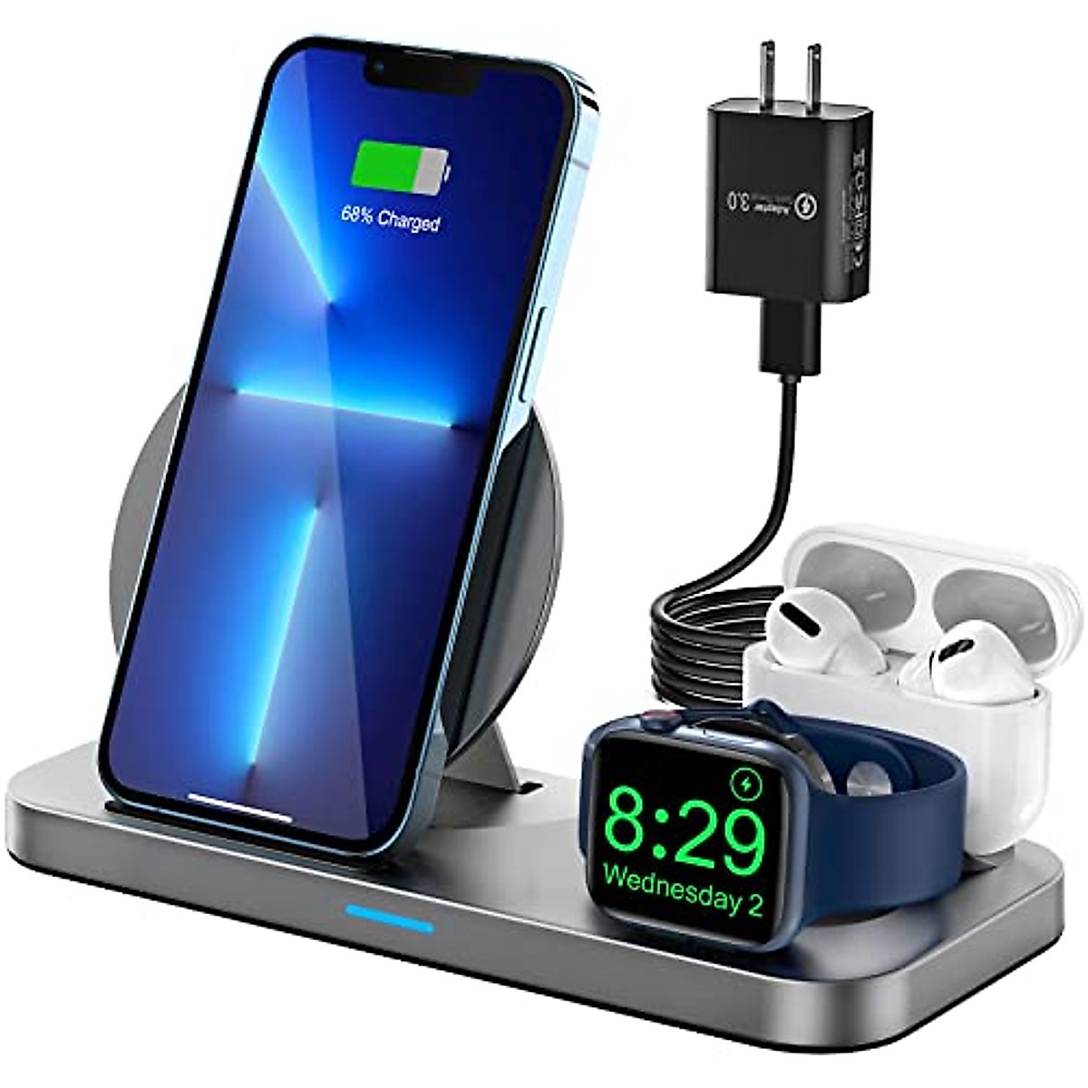 [2023 New] 3 in 1 Wireless Charging Station for Apple Multiple Devices, Foldable Charger Stand for iWatch Series 8/7/6/SE/5/4/3/2, Charging Dock Stand for iPhone AirPods Pro 3/2/1 with 18W Adapter