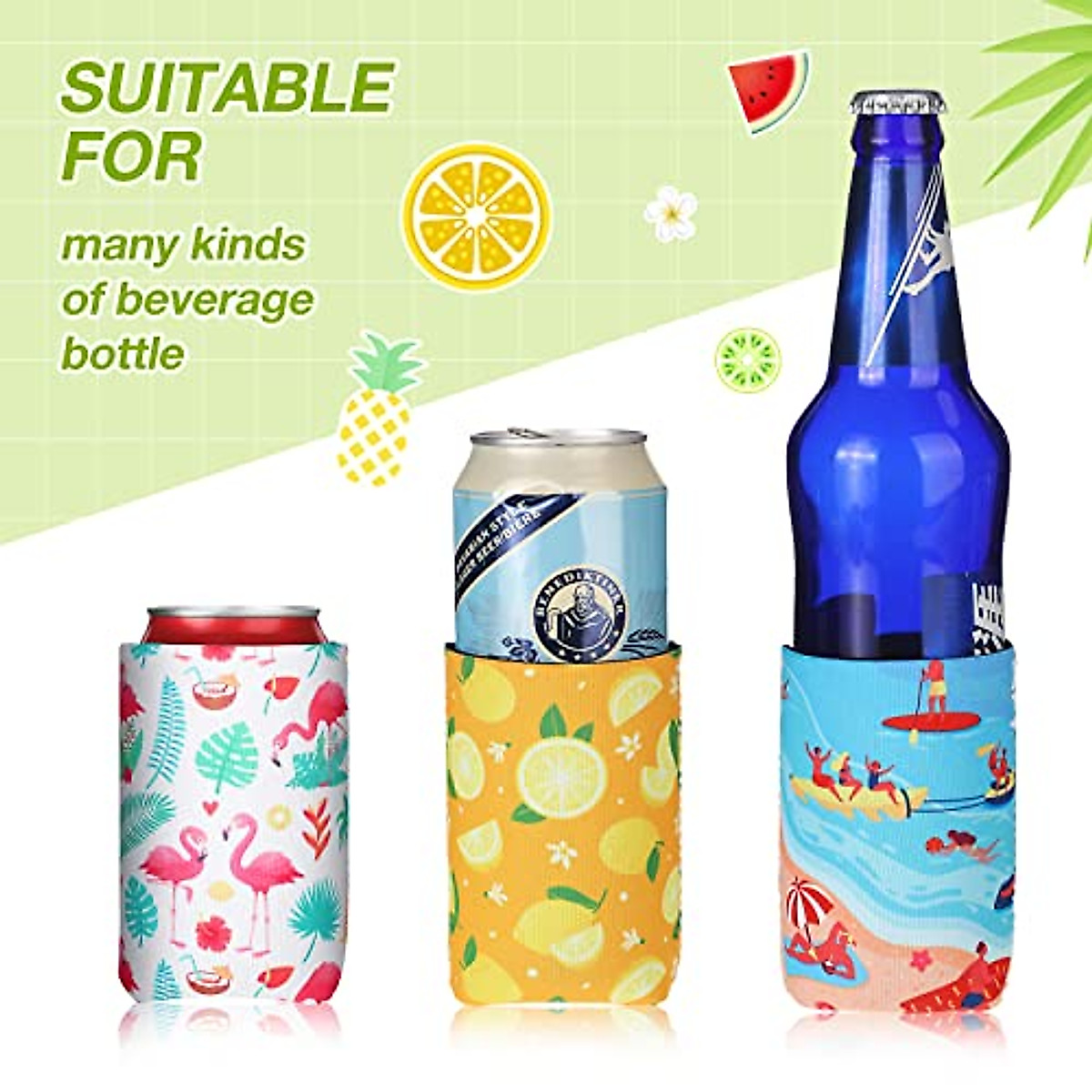 16 Pcs Beer Can Coolers Sleeves summer Pattern Beer Can Coolies Soft Insulated Bulk Thermocoolers Koolies in Bulk for Soda Cover Coolers Collapsible for Favors Parties Events Beer Water Bottles