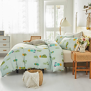 MOCAHOME Mint Duvet Cover Set Twin Size, Cactus Printed, 3 Pieces Soft Bedding 1 Duvet Cover+2 Pillow Cases