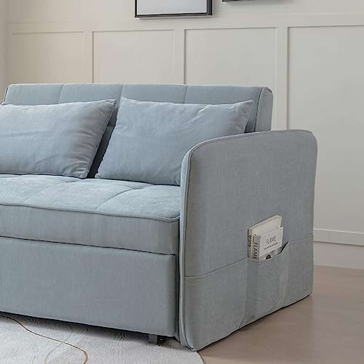 COULDWILL Convertible Sleeper Sofa Bed 3 in 1 Loveseat Couch Linen Small Sofa with Pull-Out Bed, Adjustable Backrest and Side Pockets for Living Room, Bedroom, Studio(Grey)
