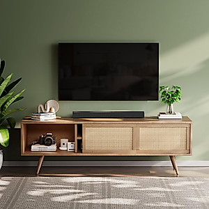 Theokleia TV Stand for 55 Inch TV, Mid Century Modern TV Stand Entertainment Center Rattan Media Console Table with Sliding Open Storage Cord Holes for Living Room Bedroom