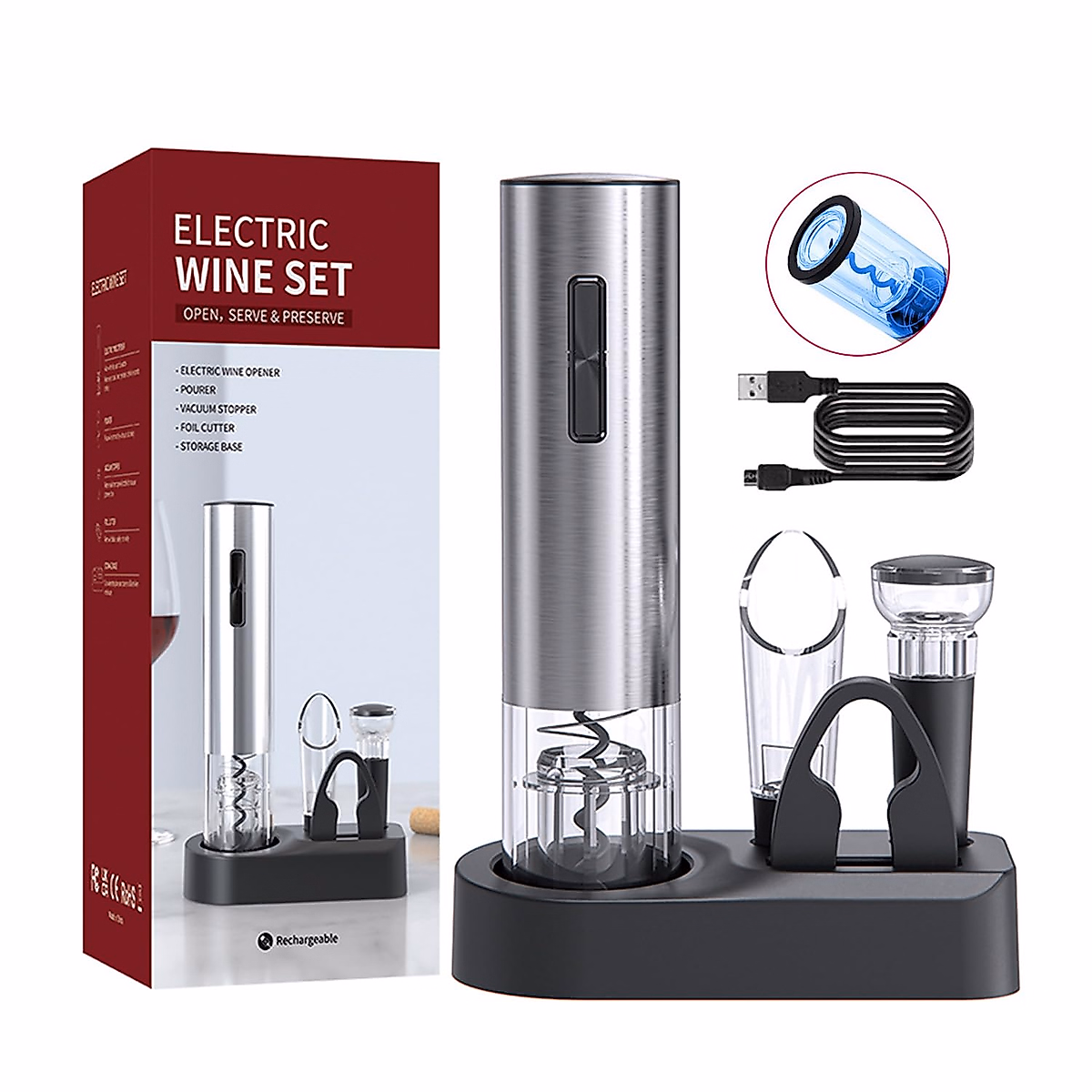 EVIOTECHLI Electric Wine Opener,USB Automatic Corkscrew Remover Corkscrew Wine Opener,Charging Stainless Steel Wine Bottle Opener Set