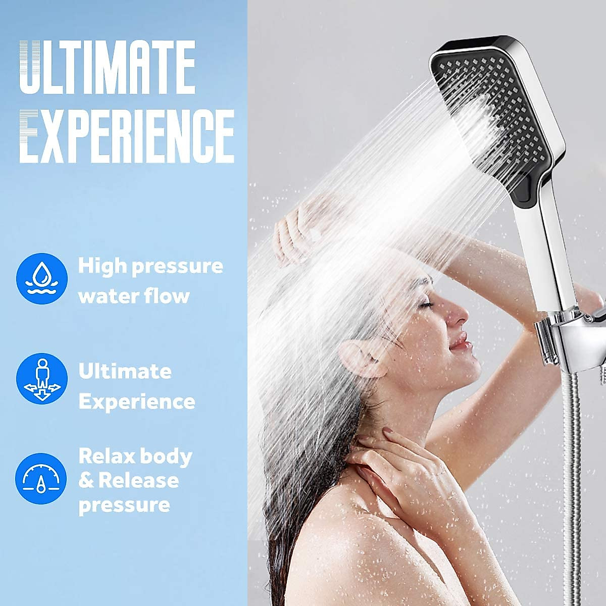Anjien Hand Held Shower Head with Long Hose, Rainshower Showerhead & Detachable Handheld - Waterfall Shower, Massaging Showerhead & Multifunction Shower Head, High-Pressure Shower Head (Chrome Silver)
