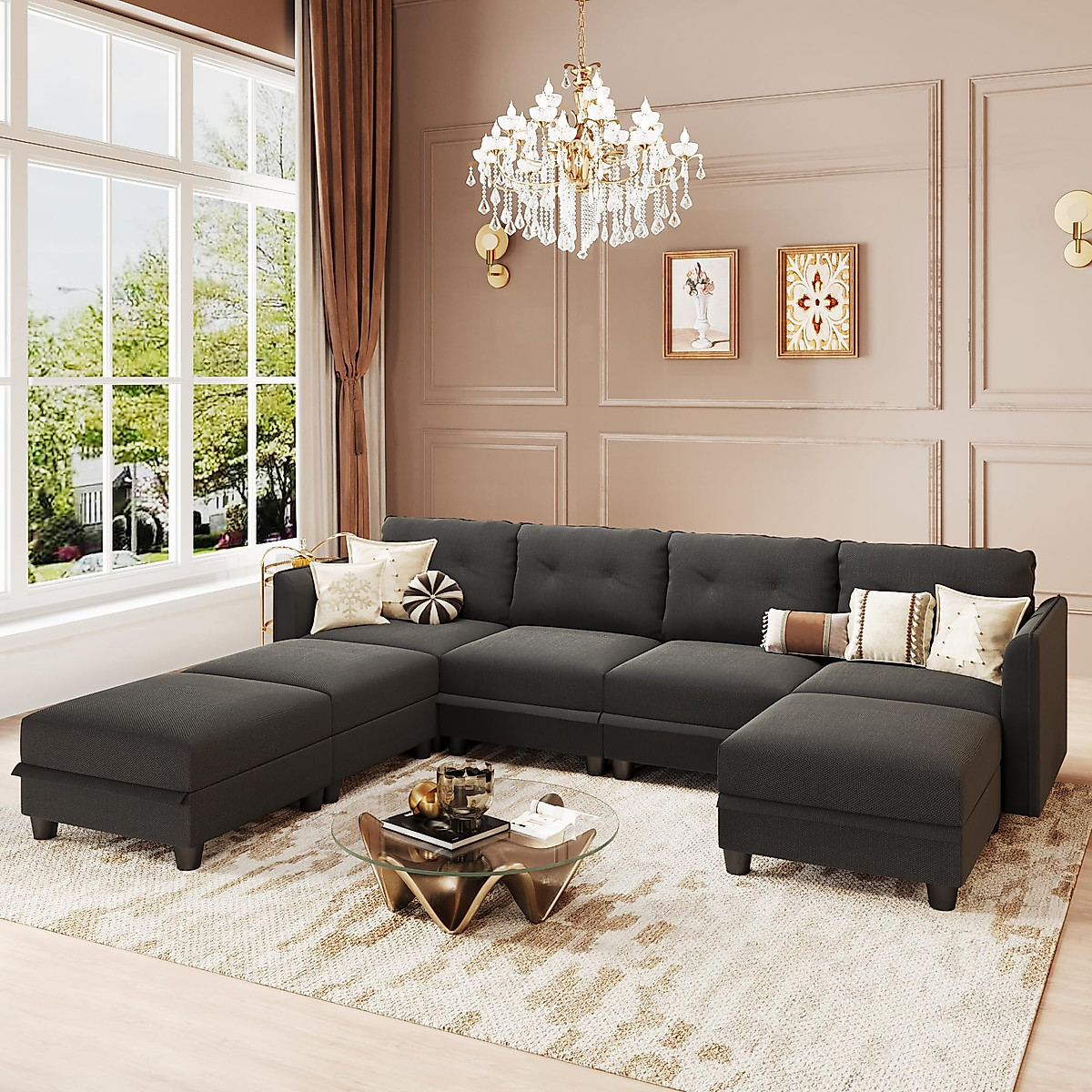 LLappuil Modular Sectional Sofa with Storage U Shaped Couch with Reversible Chaise Luxury Velvet Sofas for Living Room 4 Seats with 3 Ottomans Denim Black Grey