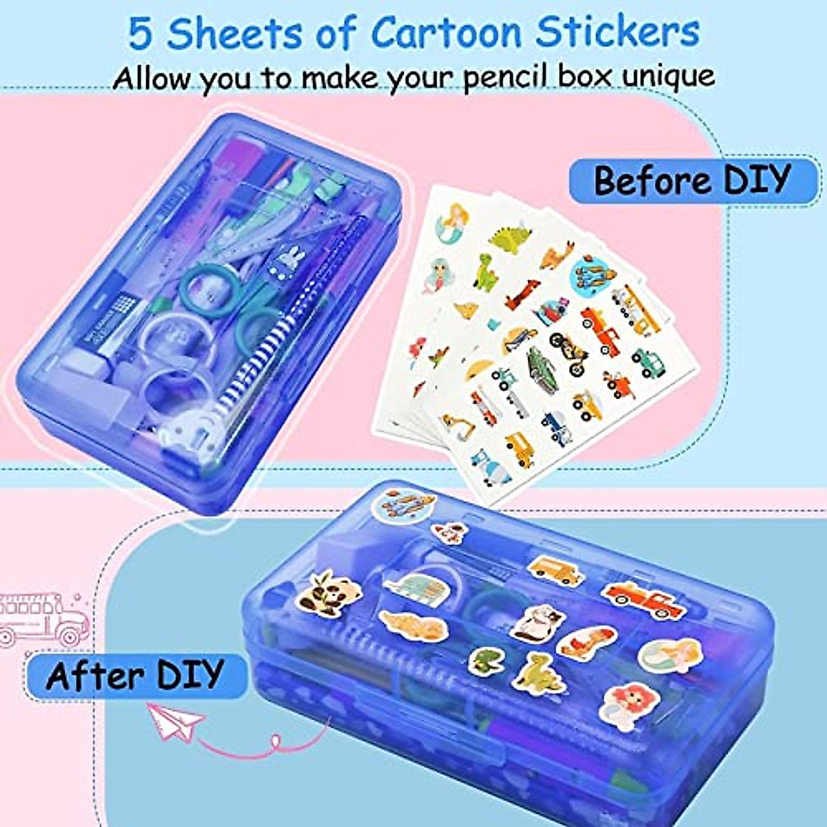 Plastic Pencil Box,1 Pack Plastic Pencil Box Large Capacity Pencil Boxes Clear Boxes with Snap-tight Lid Pencil Box Plastic Case Stickers Crayon Large Lid Stackable Supply Kids