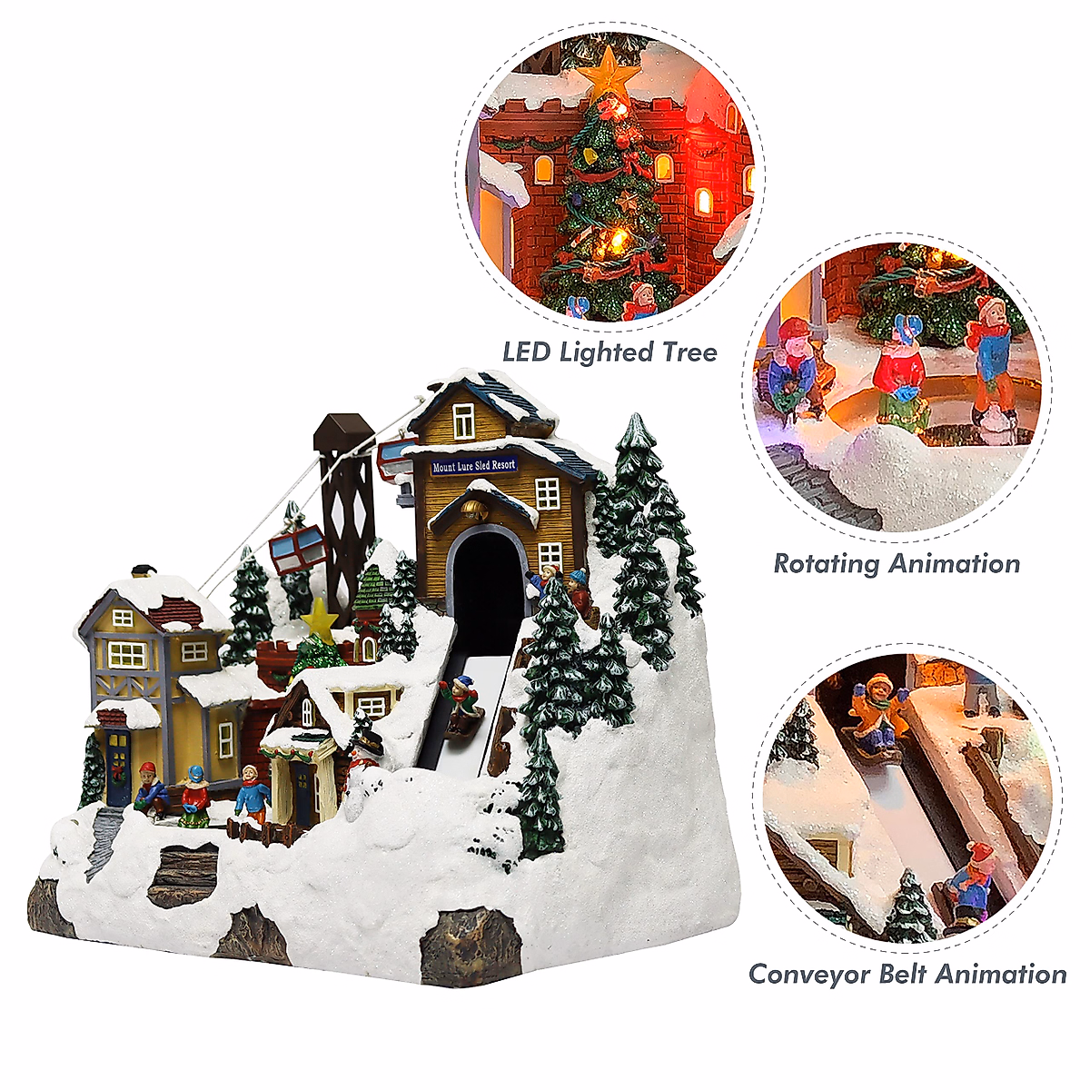 MOMENTS IN TIME Christmas Village Building, Mount Lure Sled Resort, Ski Resort with Ski Lift with LED Lights, Christmas Music, and Animation - Power Adapter (Included) (9.8" H x 12.2" W x 8.3" D)