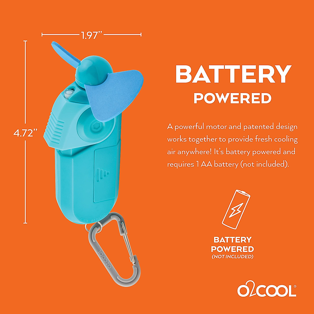 O2COOL Keychain Sport Misting Fan - Pocket Size Battery Powered Portable Fan With Carabiner Clip Small Fan with Mister Handheld Fan Vacation Essentials Hand Fan 2 Pack (Teal)
