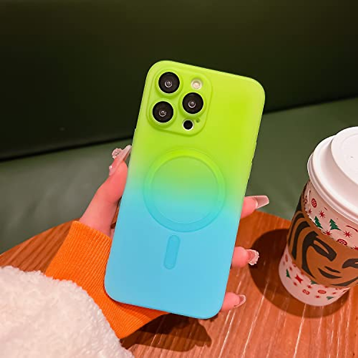 Ownest Compatible for iPhone 14 Pro Max Case with Magnetic Fitting for Magsafe Case Luxury Cute Soft Liquid Silicone Shockproof Full Camera Protector Cover Phone Case-Fluorescent Green