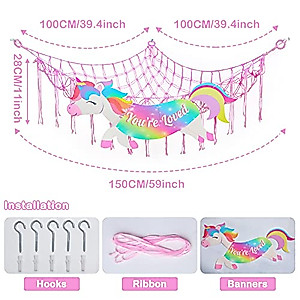 FIOBEE Stuffed Animal Net or Hammock with LED Light, Toy Hammock Net with Banner Stuffed Animal Storage Organizer Hanging Kids Room Wall Decor for Nursery Playroom Bedroom, Unicorn