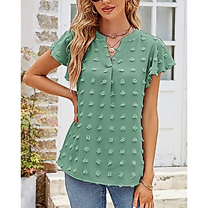 Womens Summer Casual V Neck Tops Ruffle Short Sleeve Tunic Swiss Dot Dressy Flowy Blouses Shirts 2023 Light Green