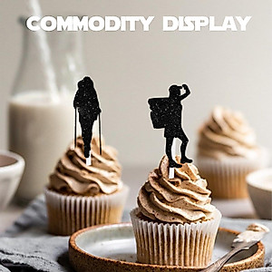 18pcs Black Glitter Silhouette Dessert Cupcake Topper Adventure Awaits Bon Voyage Tree Mountain Wilderness Forest Theme Decorations Retirement Graduation Travel Party Decor Supplies