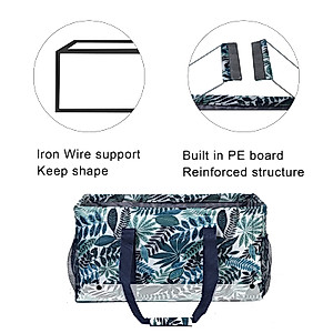 Extra Large Utility Tote Bag Beach Bag Reusable Grocery Bags Collapsible Tote with Wire Frame for Groceries Storage Picnic Leaves 3