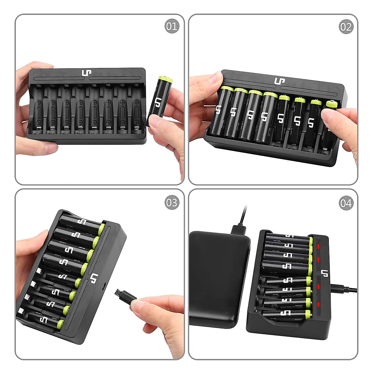 LP AA AAA Battery Charger Pack, 8 Slot Charger & 2300mAh AA (4-Pack) & 1000mAh AAA (4-Pack) Ni-MH Rechargeable Battery for Wireless Mouses, Kids Toys, Remotes, Microphones, Game Controllers & More