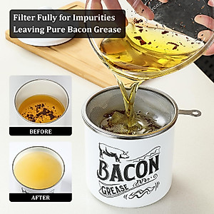 1.3L Bacon Grease Saver Container with Fine Mesh Strainer - Enamel & Stainless Steel Oil Keeper Can for Bacon Fat Dripping - Farmhouse Kitchen Gift & Decor Cooking Accessories - Dishwasher Safe, White