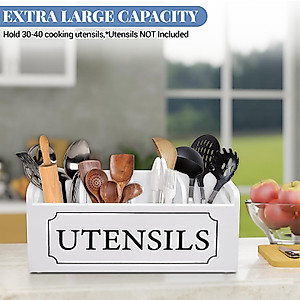 Anwelynd Large 4 Compartments Kitchen Utensil Holder for Countertop, Farmhouse Wood Utensil Caddy Utensil Crock, Rustic Utensil Organizer for Kitchen Counter Cooking Tools Storage Holder