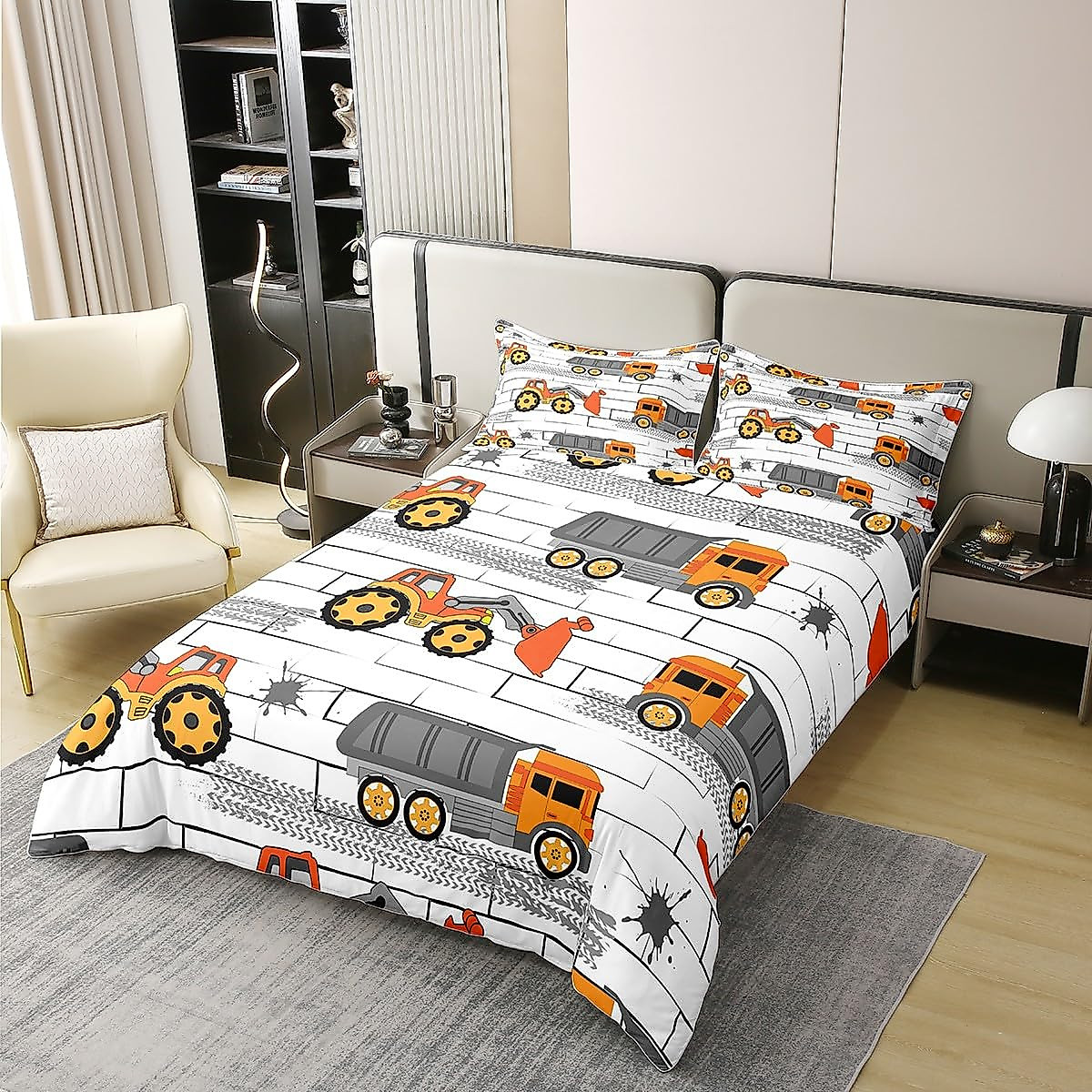 Excavators 100% Natural Cotton Duvet Cover Queen Size Tractor and Truck Comforter Cover with 2 Pillowcases Machinery Cars Construction Vehicle Bedding Set 3 Pcs Bed Cover