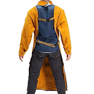 Jewboer Leather Welding Apron with Sleeve,Heavy Duty Welding Jacket,Heat Flame Resistant Weld Coat for Men Women,L