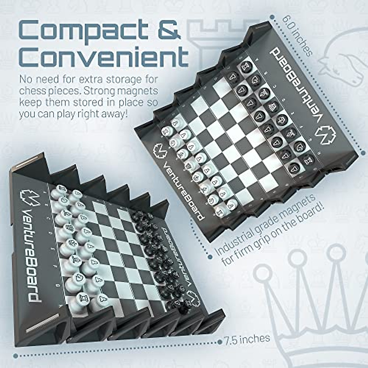 VENTUREBOARD 6 Inches Magnetic Unique Chess Set Board Game - 2 Extra Queens - Folding Board, Portable Travel Chess Board Game Pieces - Black/Grey