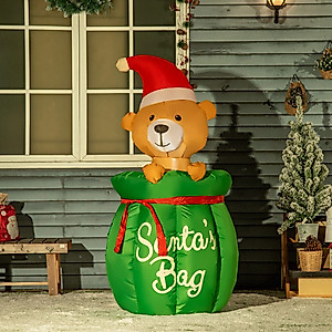 HOMCOM 4.5 ft. Christmas Inflatables Outdoor Decorations Bear in Santa Claus Toy Bag, Blow-Up Holiday Yard Christmas Decor with LED