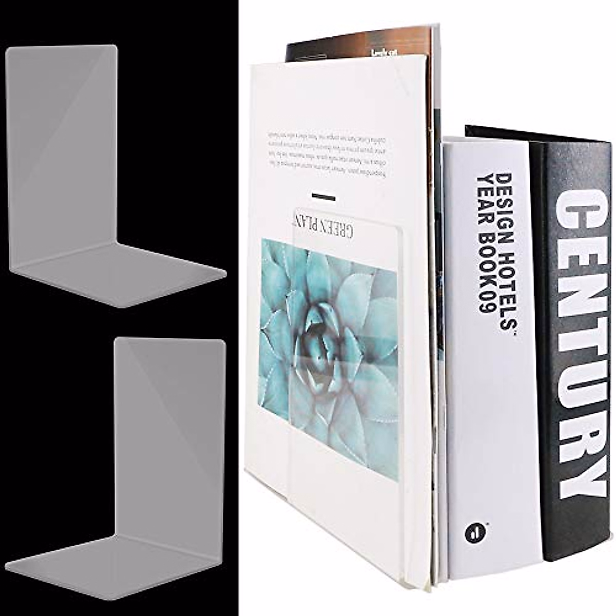 Kuqqi 2 Pieces Bookends Clear Acrylic Bookends for Shelves, Heavy Duty Book Ends Desktop Organizer Book Stopper for Books Movies CDs