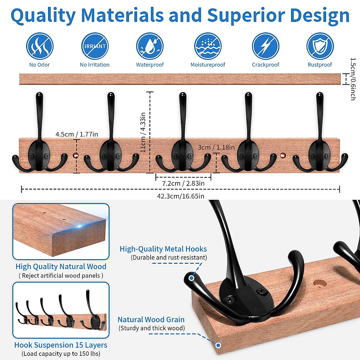 Coat Rack Wall Mounted, Entryway Wall Clothes Rack Hooks with 5 Heavy Duty Metal Three Hooks, Wooden Coat Hooks Wall Mount with 2 Mounting Types for Hanging Jacket, Backpack, Towel, Keyholder, Hats