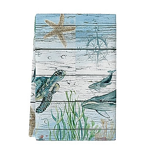 Kitchen Towels Sea Whale Starfish Absorbent Tea Towel Soft Hand Dish Towel Rustic Wood Ocean Compass Blue Reusable Washable Cleaning Cloth Bath Towels for Bathroom Bar for Everyday Cooking (Pack of 1)