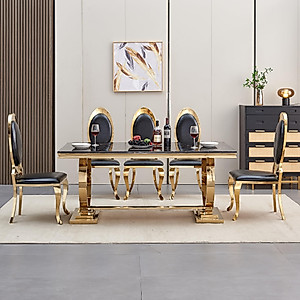 Maotifeys 70" Black Marble Dining Table, Rectangle Marble Top Dining Table for 6-8 Person, Gold U-Shape Stainless Steel Pedestal Dining Table, Mid Century Modern Dining Table for Dining Room Kitchen
