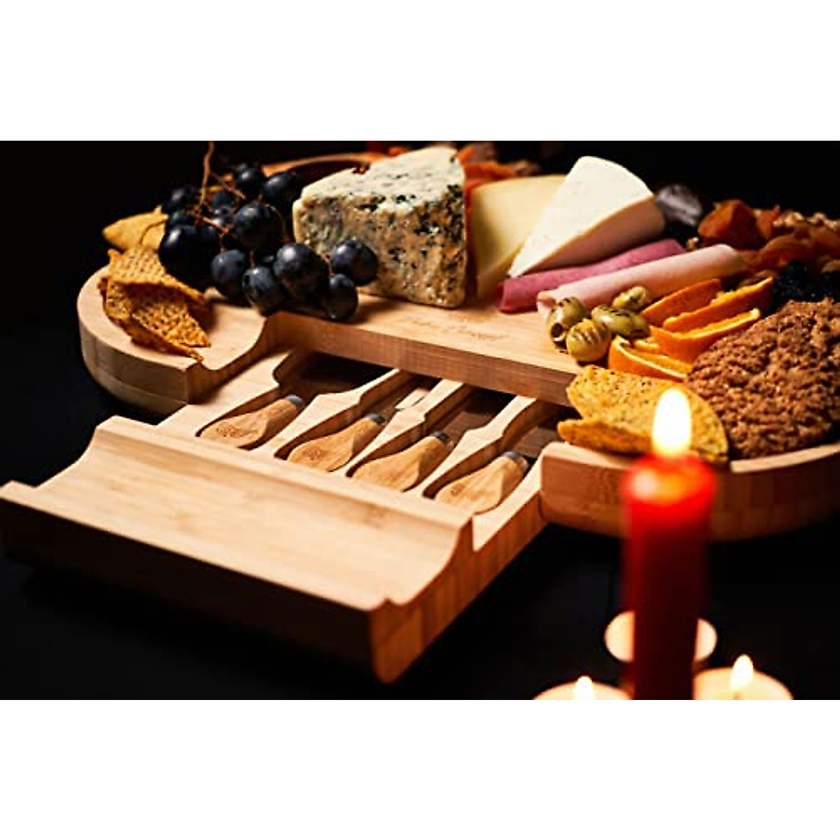 Bamboo Cheese Board & Knife Set of Puhu Concept - Elegant Gift for Women, Birthday, Wedding, Anniversary, Housewarming, Christmas, Special Days - Charcuterie Board for Cheese, Meat, Cracks and Wine
