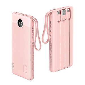 VRURC Portable Charger 10000mAh, Slim LED Display Power Bank, 5 Output 2 Input Cell Phone Battery Pack, Built-in Micro & USB C Cables Phone Charger Compatible with iPhone,Samsung,Android-Pink(1 Pack)