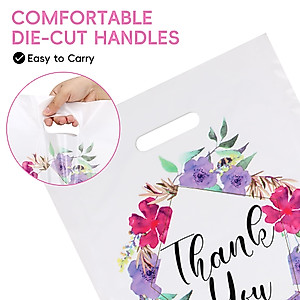 POPGIFTU Floral Thank You Plastic Bags 50 Pack 12" x 15" Thank You Bags for Small Business, Thank You Shopping Bags with Handles, for Boutique, Retail, Gift Bags, Clothes, Party Favors