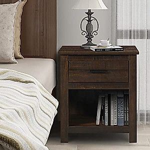 Vikiullf Farmhouse Nightstand-Wooden,Night Stand for bedroom,Bedside Table with 1 Drawer for Bedroom, Open Cabinet & Sliding Drawer, Espresso 1-Drawer (2 Pieces)