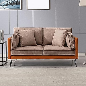 CECER Loveseat Sofa Couches for Living Area, Luxurious Modern 2 Seater Sofa with Faux Leather Frame, Mid Century Linen Upholstered Sofa Couch with 2 Accent Pillows for Bonus Room Office, Orange