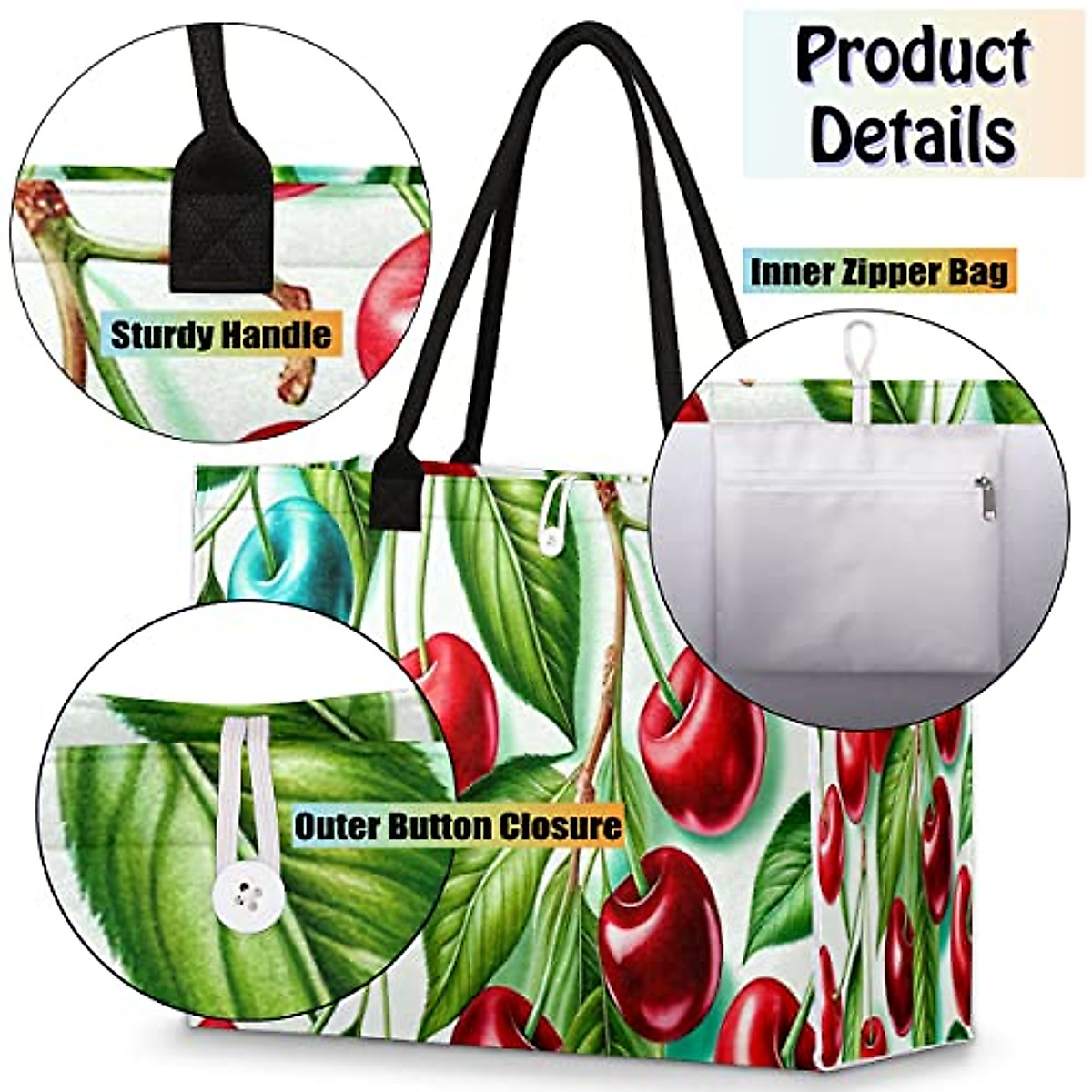 cfpolar Cherry Reusable Grocery Shopping Bag with Hard Bottom, QQQBQQ Large Foldable Multipurpose Heavy Duty Tote with Zipper Pockets, Sustainable, Durable and Eco Friendly, Beach Bag