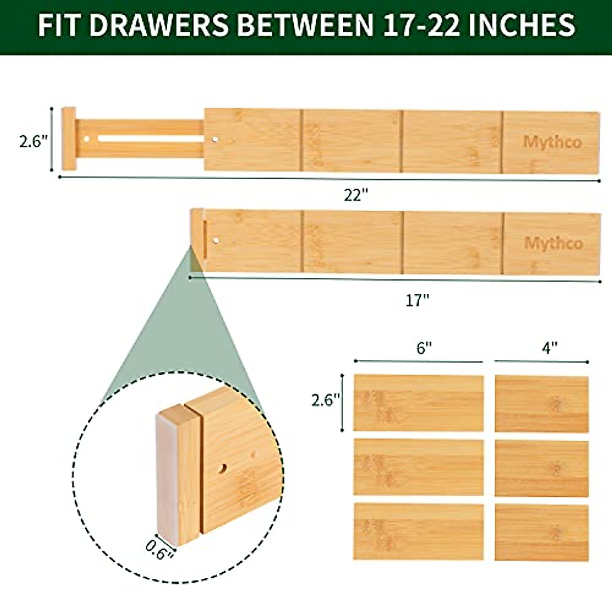 Mythco Adjustable Bamboo Drawer Dividers with Inserts and Liner, Expandable Drawer Organizer for Kitchen Large Utensils, Office Desk, Bedroom Dressers, Nightstand and Bathroom Vanity (17-22 inches)
