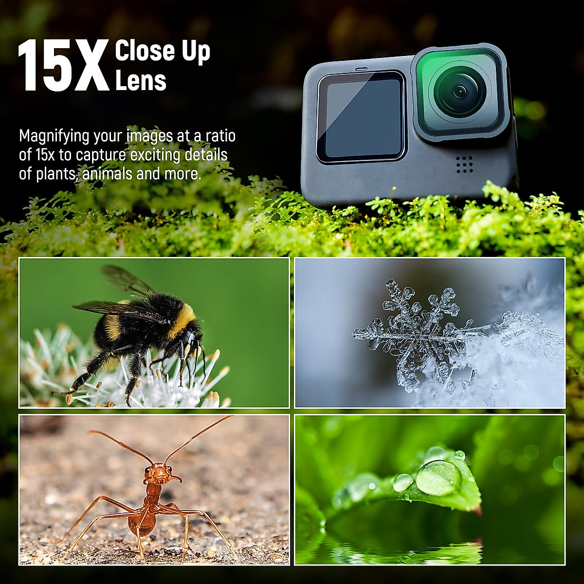 NEEWER 15X Macro Lens Compatible with GoPro Hero 12 Hero 11 Hero 10 Hero 9 8 7 6 Black Action Camera Close Up Filter Anti Reflective Multicoated HD Optical Glass/Aluminum Frame, Not Waterproof, LS-31