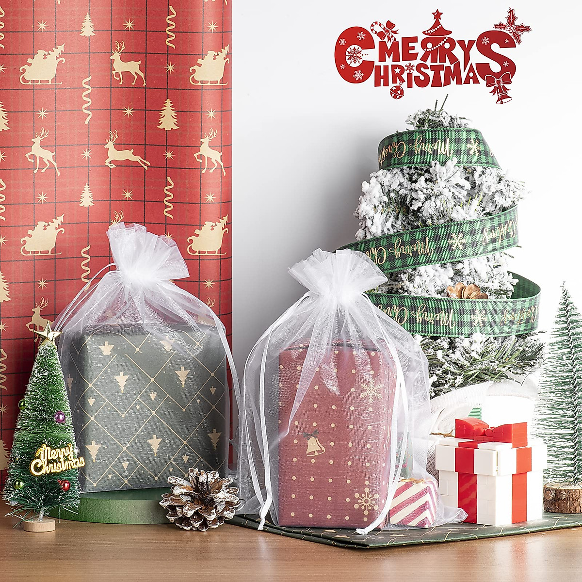 50 Pack Sheer Organza Bags White, 6 x 9 inches Christmas Wedding Shower Party Favors Gift Drawstring Bags Large Mesh Jewelry Pouches,Penetrating Light Fruit Protection Bags